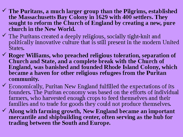 HISTORY OF THE USA PURITANS