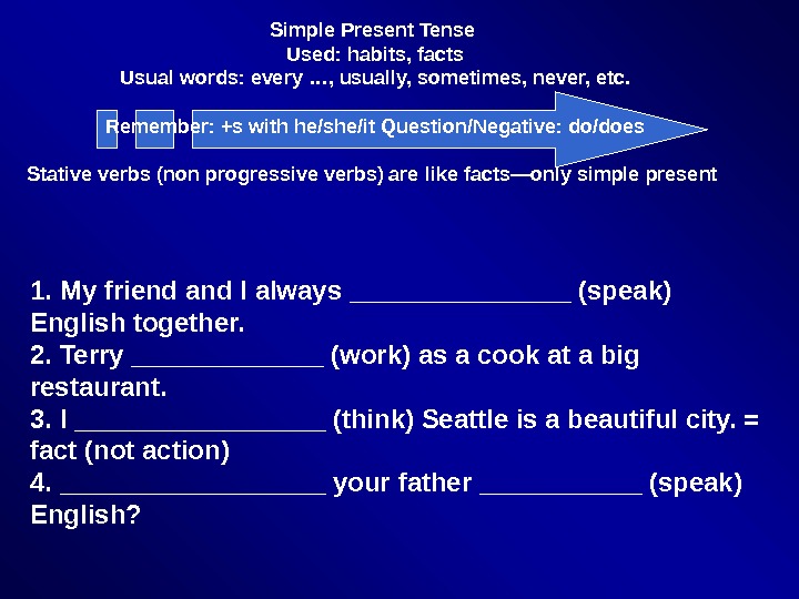 Simple Present Tense Used: habits, facts Usual words: