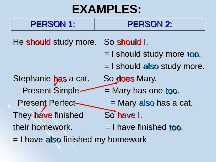 SO, TOO, ALSO NEITHER , EITHER SOSO