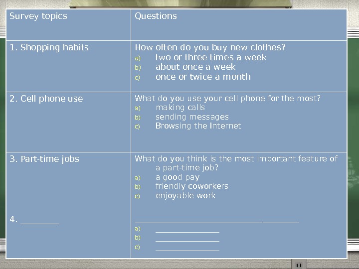 Project Work Touchstone 3 MAKING A SURVEY
