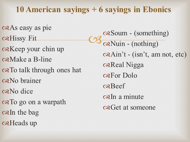 Regional American Dialects. Black English The Eastern type