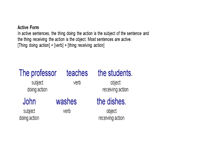 Active Form In active sentences, the thing doing