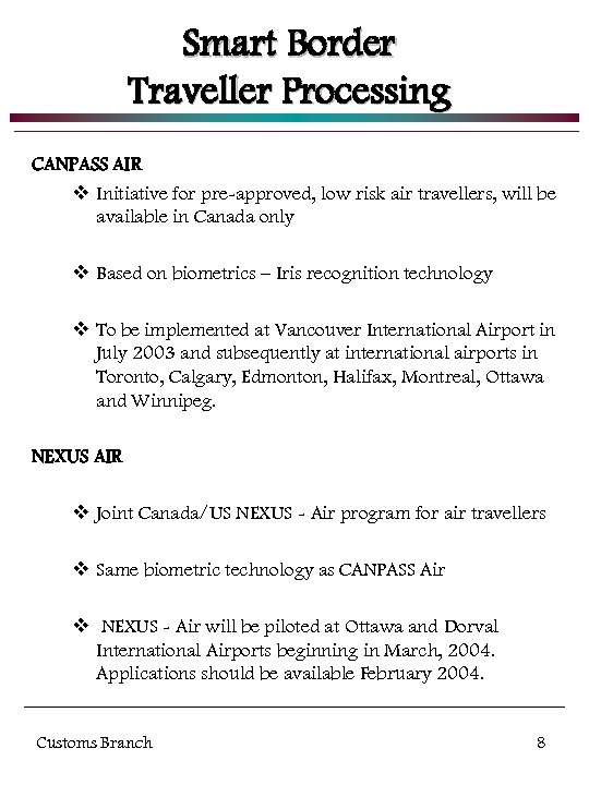 Customs Branch Smart Border Action Plan Update Transportation