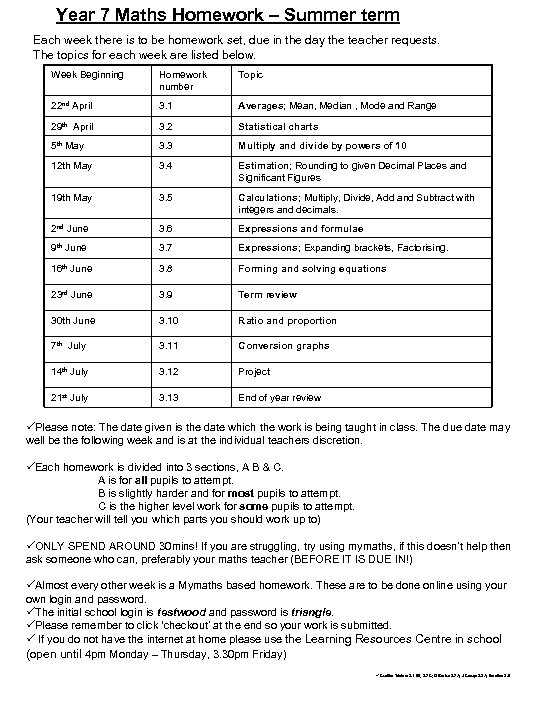 Year 7 Maths Homework Summer Term Each
