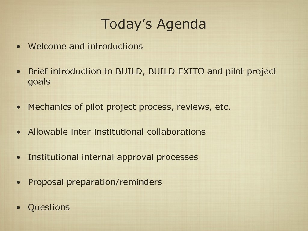 BUILD EXITO Pilot Project Technical Assistance Workshop Oct