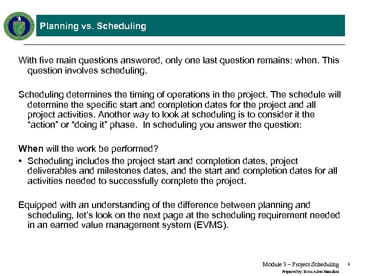 Earned Value Management Tutorial Module 3 Project Scheduling