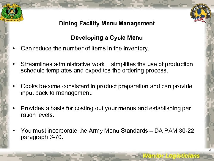 Dining Facility Menu Management All costs must