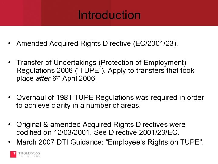 Transfer of Undertakings An Overview Thompsons ERU Justin