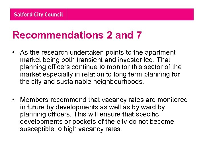 Apartment Recommendations Update Housing and Planning Scrutiny sub
