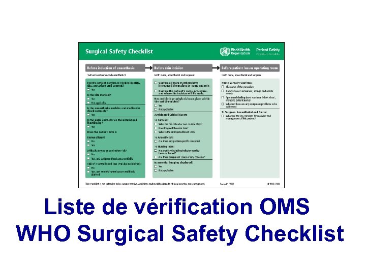 Liste de vérification OMS WHO Surgical Safety Checklist