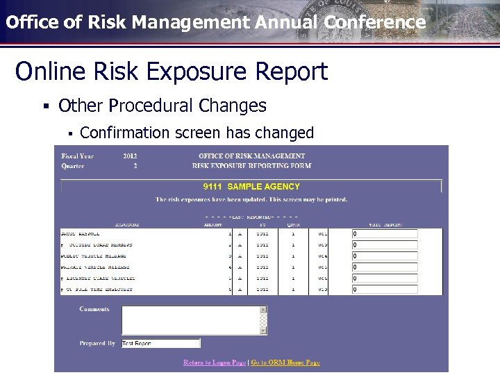 Office of Risk Management Annual Conference Exposure Reporting