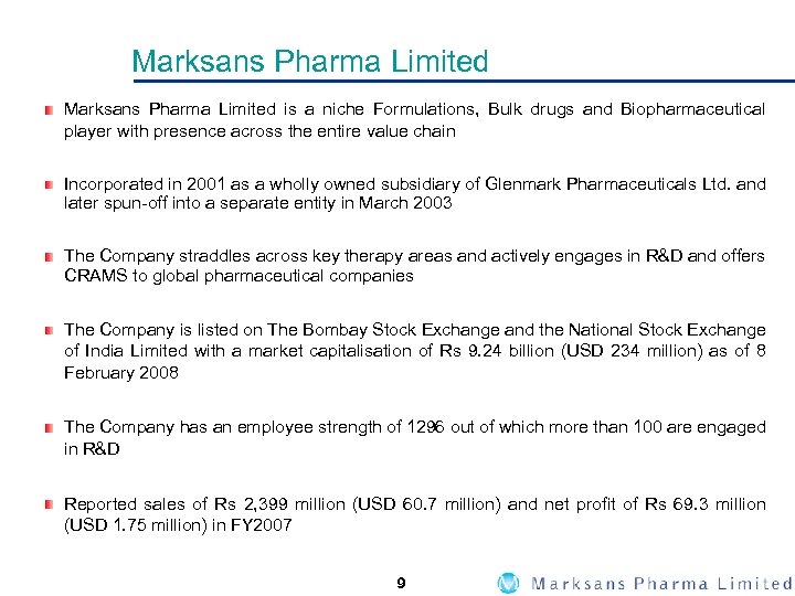 Marksans Pharma Limited Investor Presentation February 2008