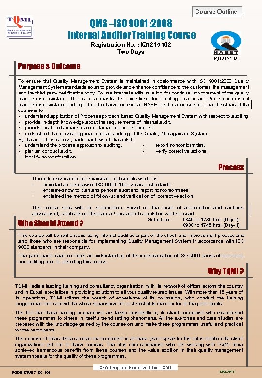 Course Outline QMS ISO 9001 2008 Internal