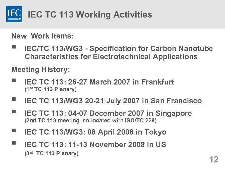 INTERNATIONAL ELECTROTECHNICAL COMMISSION IEC TC 113 Nanotechnology ...