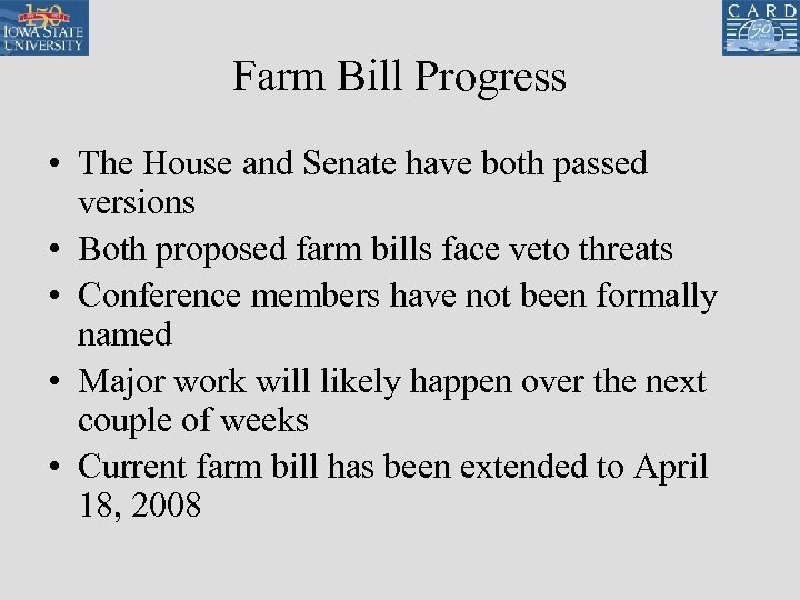 U S Farm Bill Update Chad Hart Center
