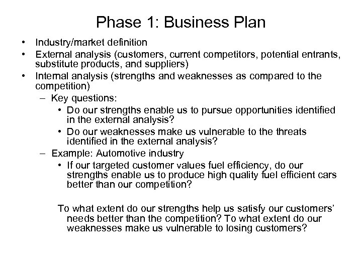 Developing Business and Acquisition Plans Phases 1