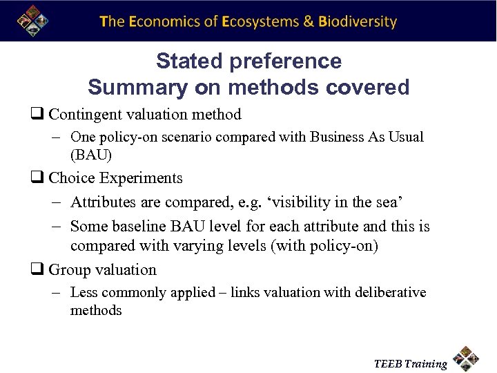 Session 2 Valuation methods 1 TEEB Training