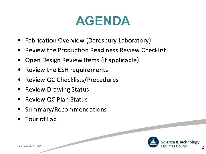 Daresbury Laboratory APA Production Readiness Review AGENDA