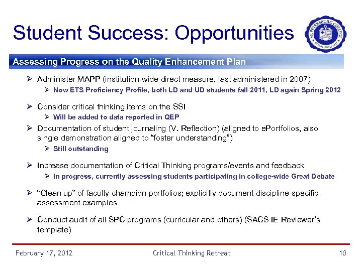 Assessing Progress on the Quality Enhancement Plan QEP