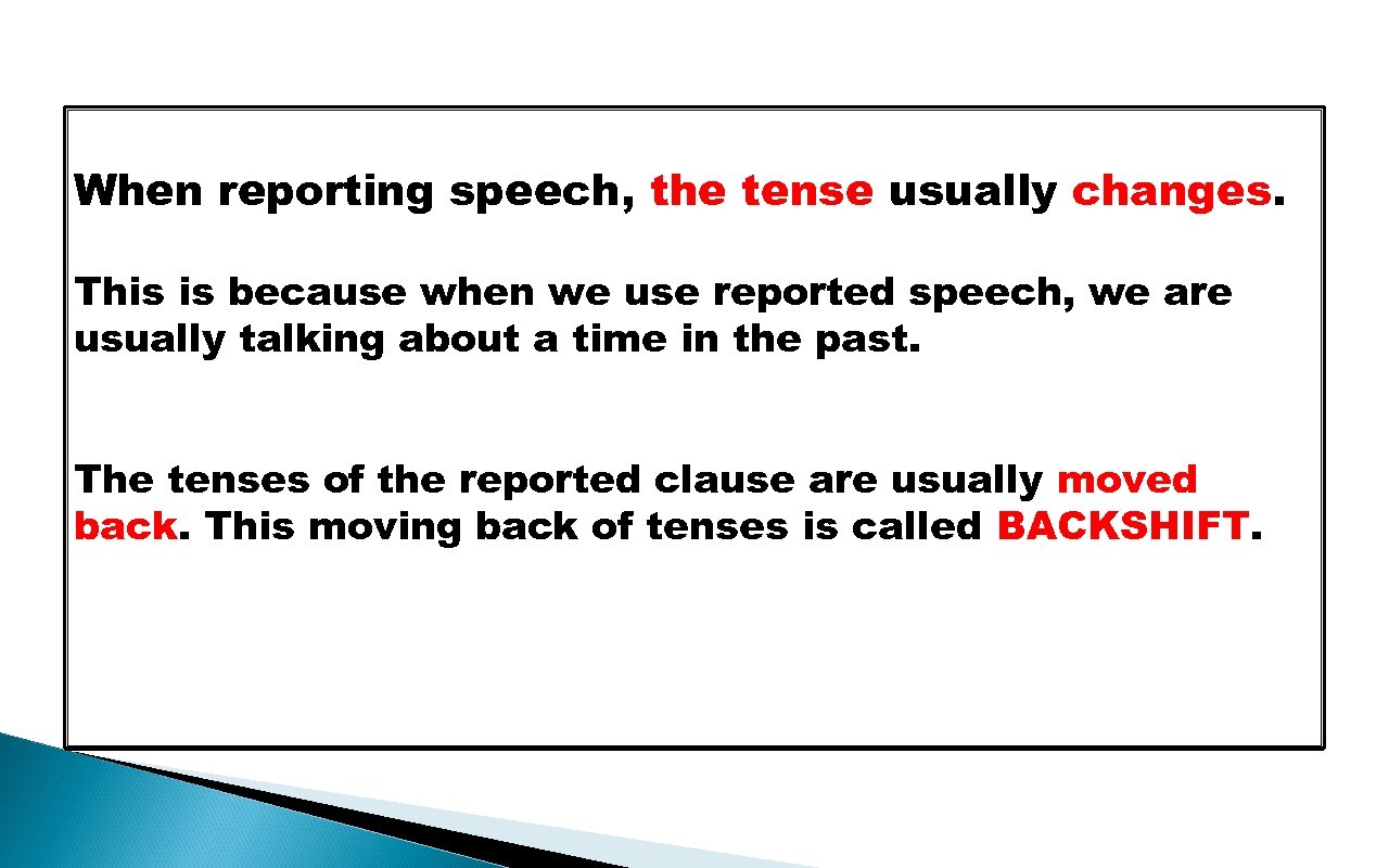 Reported Speech When reporting speech the tense