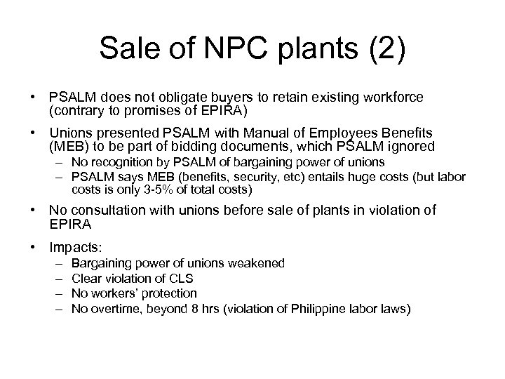 Key Union Issues in Napocor Privatization September 2009