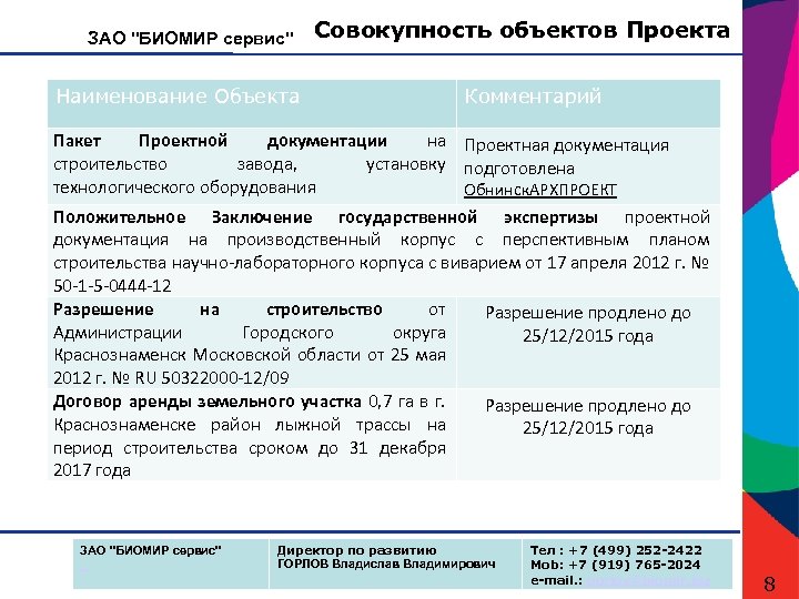 ЗАО БИОМИР сервис ТЕХНИКО-КОММЕРЧЕСКОЕ ПРЕДЛОЖЕНИЕ НА ПРОДАЖУ ПРОЕКТА
