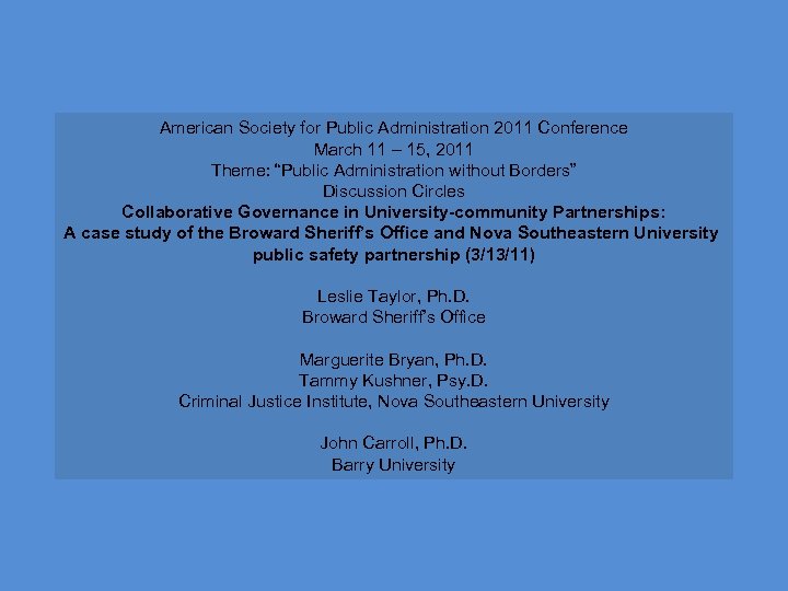 American Society for Public Administration 2011 Conference March