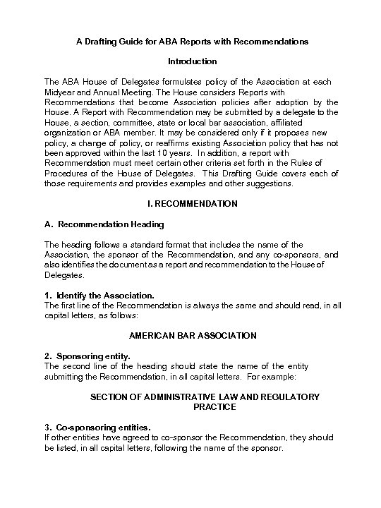 AMERICAN BAR ASSOCIATION DRAFTING GUIDE FOR REPORTS WITH