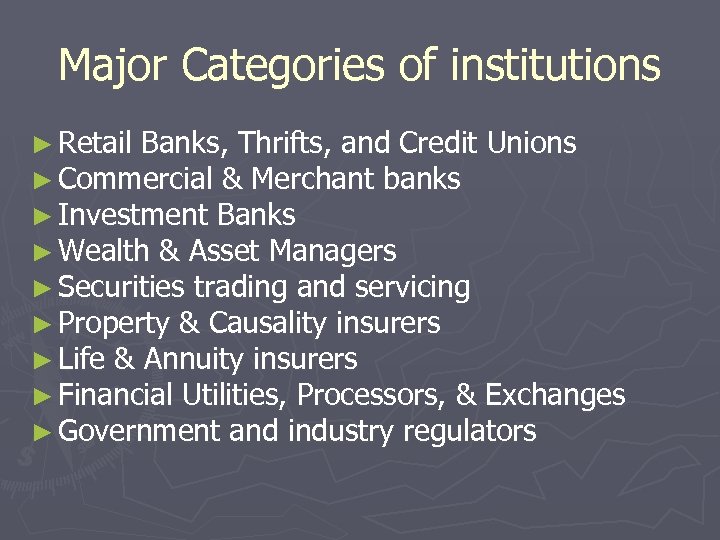 Financial Sector Overview Major Categories of institutions