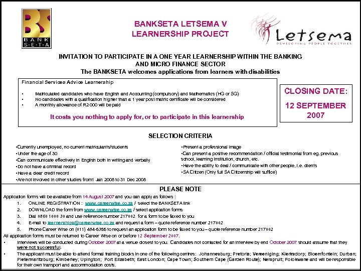 BANKSETA LETSEMA V LEARNERSHIP PROJECT INVITATION TO PARTICIPATE