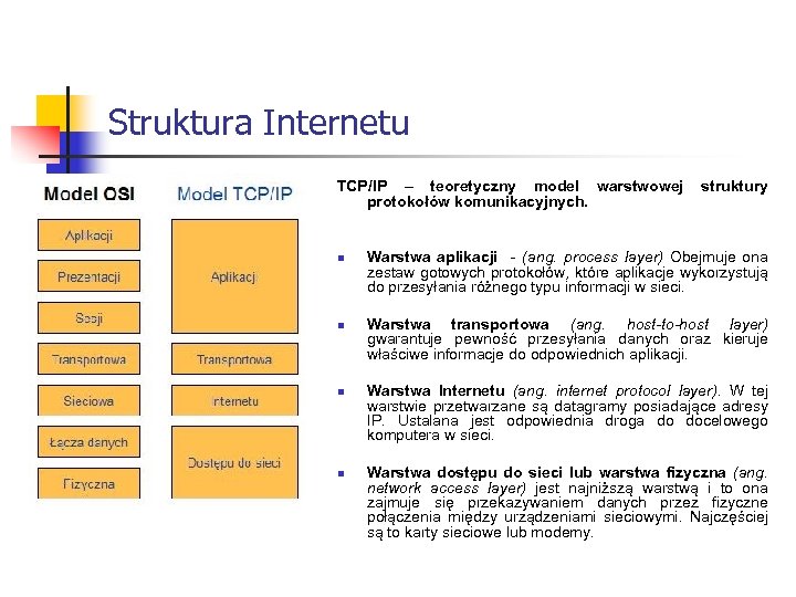 Internet jako sieć globalna Struktura Internetu n Dostęp