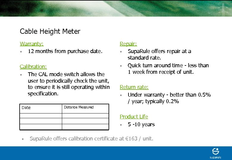 Supa Rule Cable height meters Feb 2004 Presented