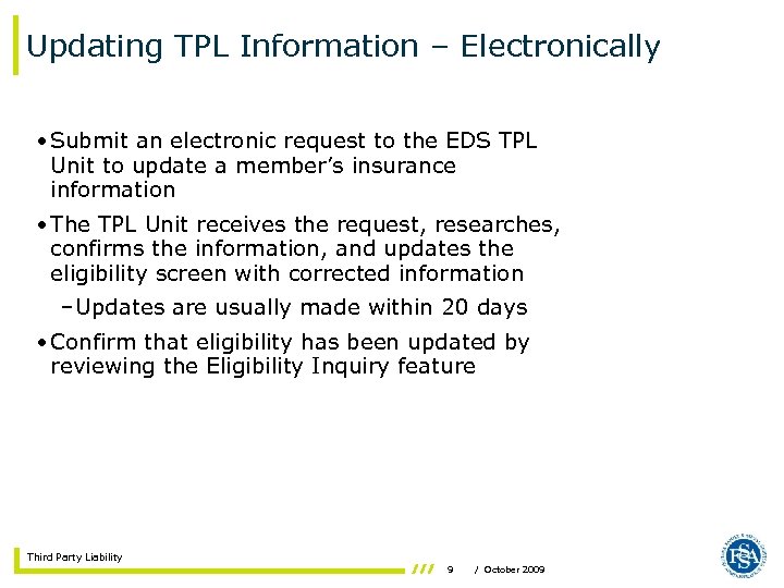 Third Party Liability Presented by EDS Provider Field