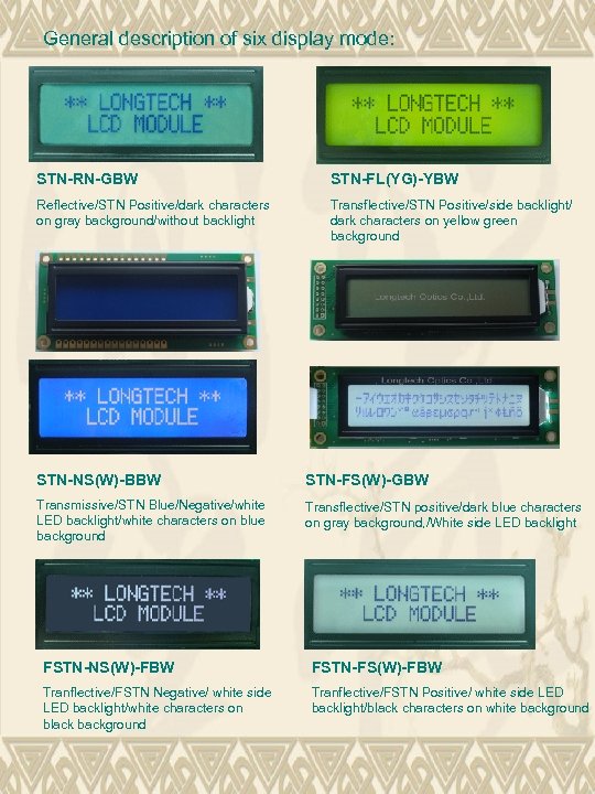 General description of six display mode STN-RN-GBW STN-FL YG -YBW