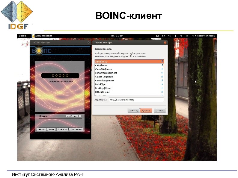 Система BOINC Занятие проводит Храпов Николай Павлович Институт