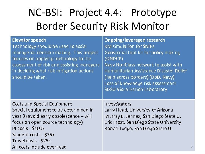 NC-BSI Project 4 4 Prototype Border Security Risk