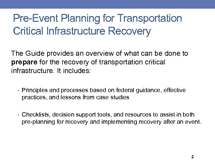 NCHRP REPORT 753 A PRE-EVENT RECOVERY PLANNING GUIDE