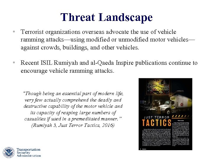 SENSITIVE SECURITY INFORMATION Vehicle Ramming Attacks Threat Landscape