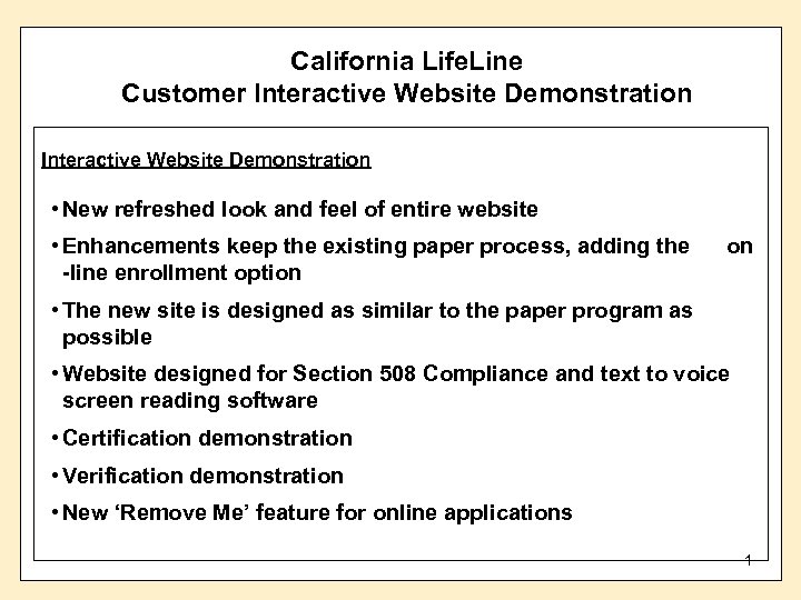 California Life Line Customer Interactive Website Demonstration