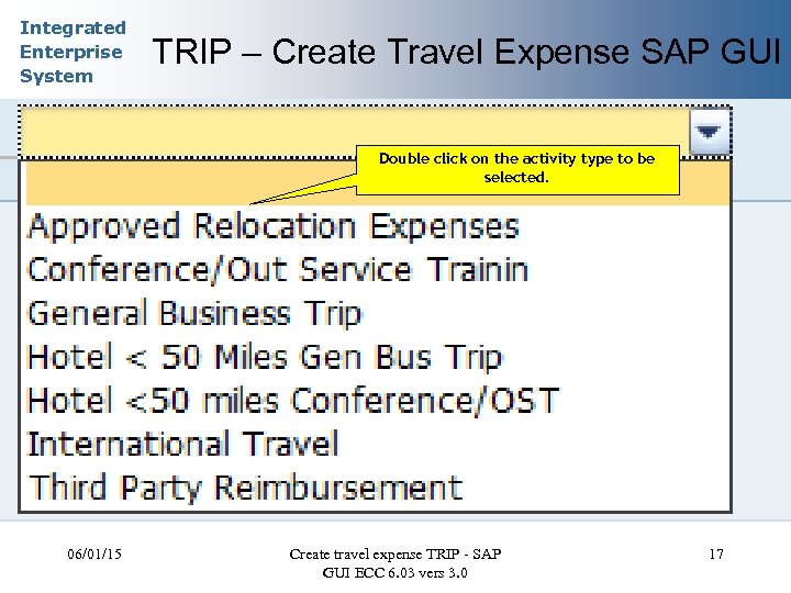 Integrated Enterprise System SAP TRIP Transaction Creating a
