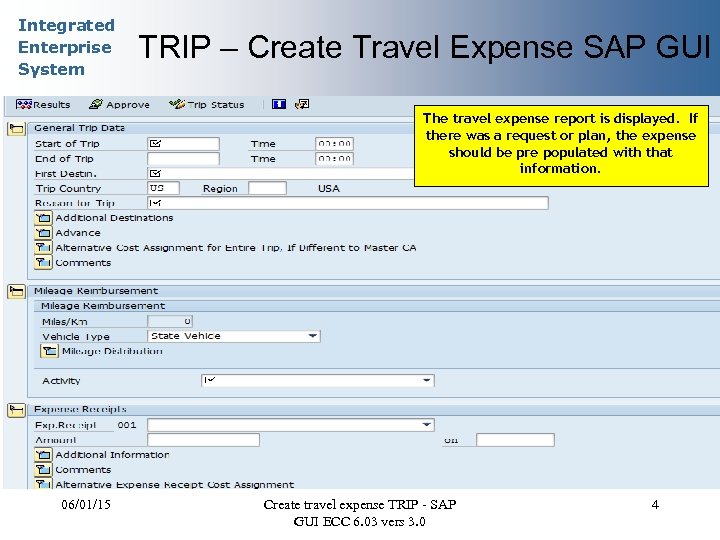 Integrated Enterprise System SAP TRIP Transaction Creating a